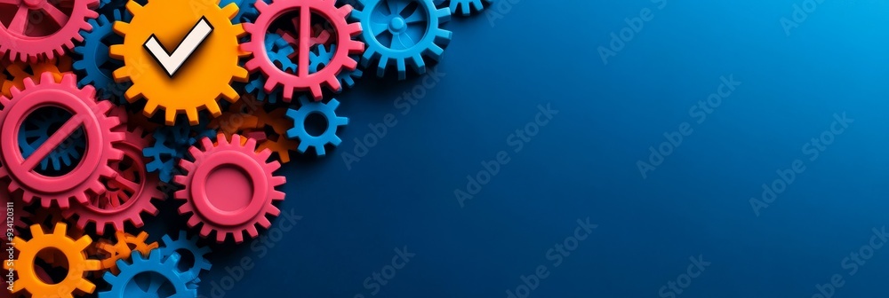 Colorful Gears and Check Mark Symbol on Blue Background - Success and ...