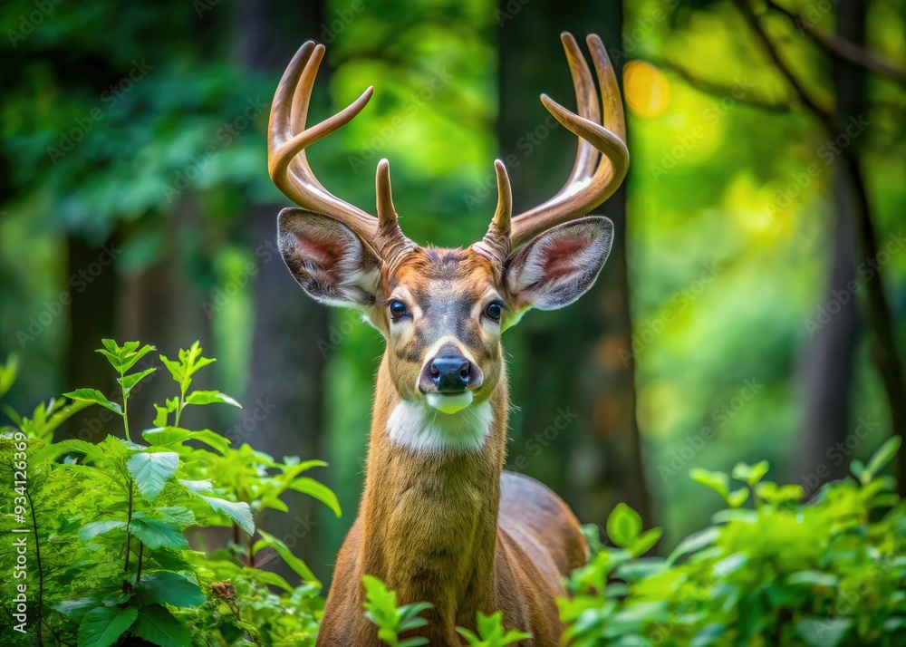 Majestic large white-tailed deer buck stands proudly in a lush ...