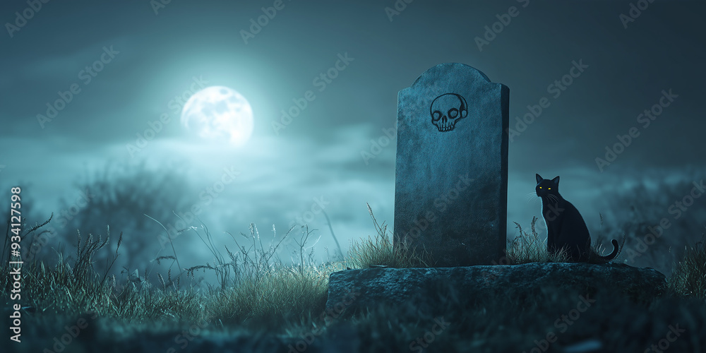 A black cat silhouetted by a blank headstone stands in a foggy, moonlit ...