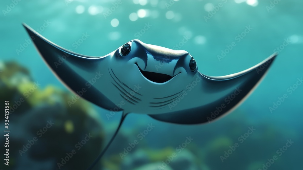 Happy Manta Ray Swimming in Blue Water - A close-up shot of a manta ray ...