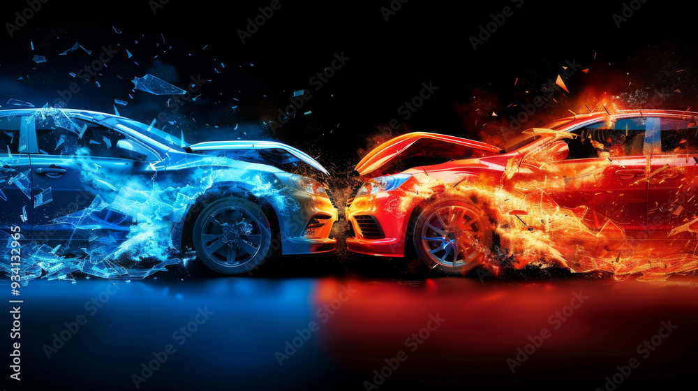 ภาพประกอบสต็อก Car accident, head-on collision. Blue and red cars crash ...