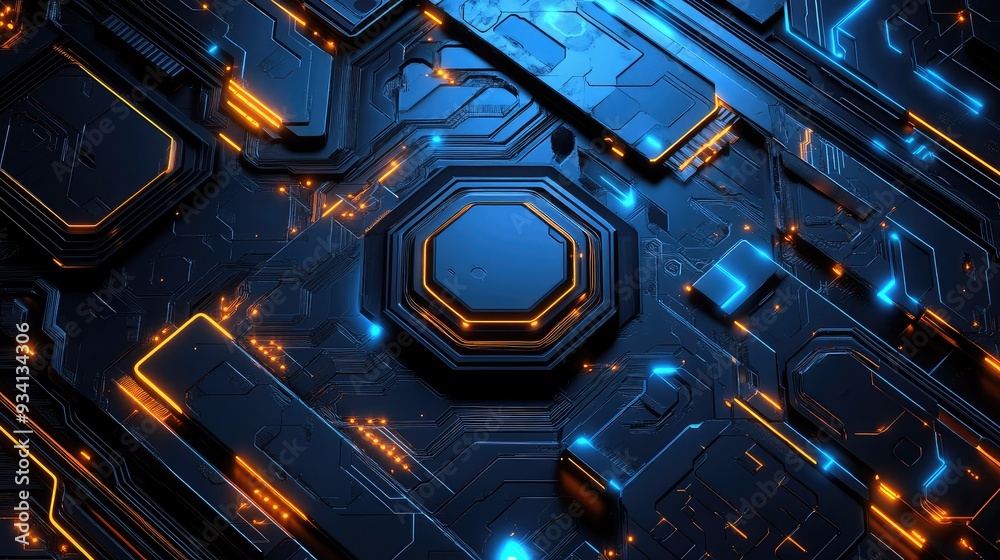 Futuristic tech design featuring hexagonal patterns, circuit lines, and ...