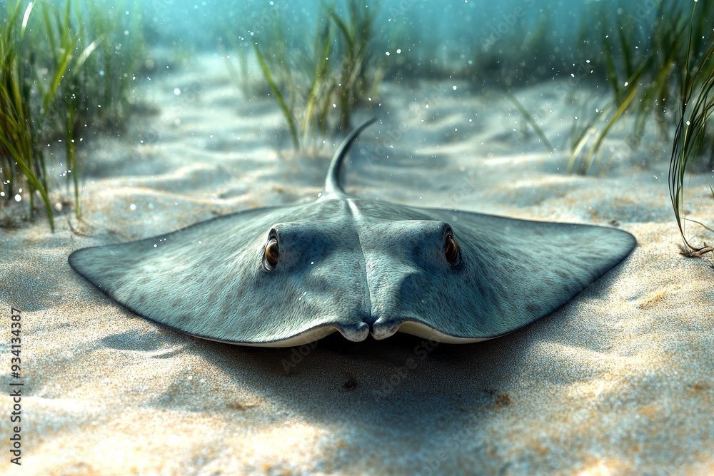 Majestic Stingray on Sandy Seabed - A solitary stingray gracefully ...