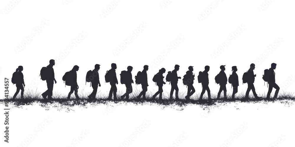 Group of people waiting in line silhouette isolated on white background ...