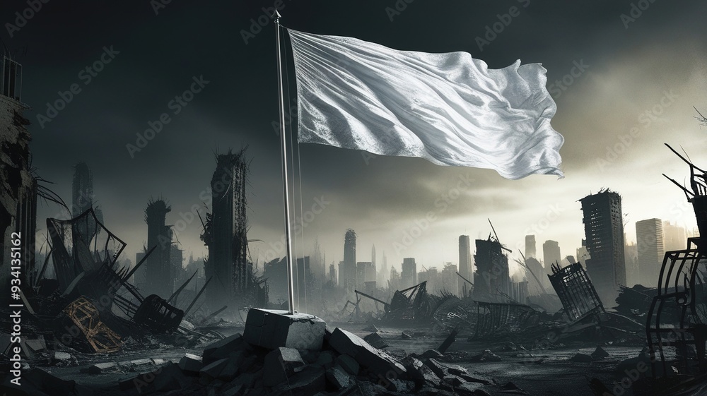 In a devastated urban setting, a torn white flag stands as the only ...