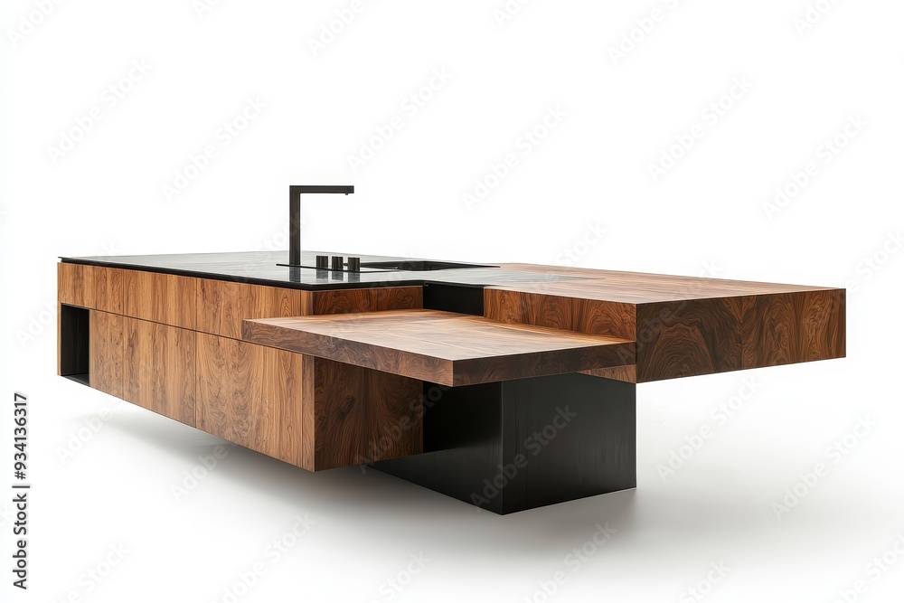 Modern Walnut Kitchen Island with Black Countertop and Integrated Sink ...