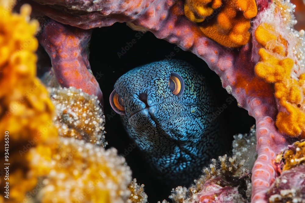 Moray Eel Peeking Out of Coral Reef - A vibrant moray eel with yellow ...
