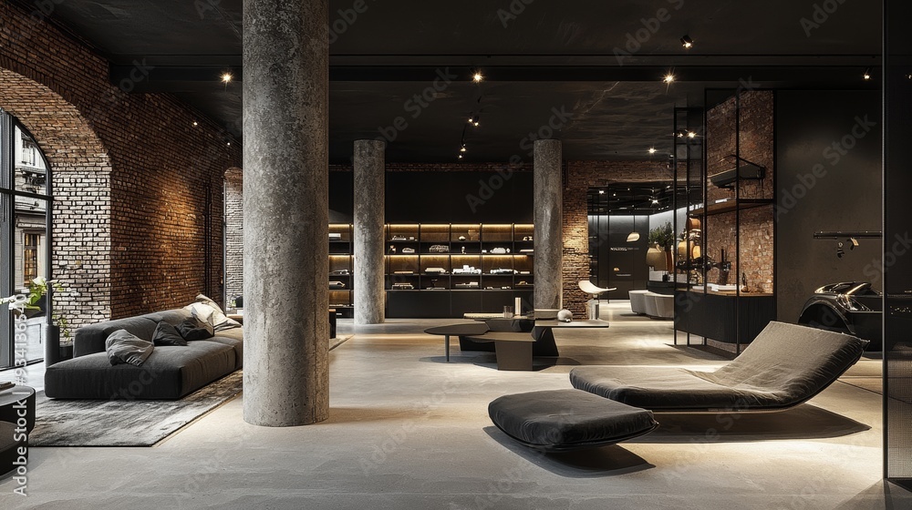 A creative portrayal of an industrial-inspired showroom, with symbolic ...