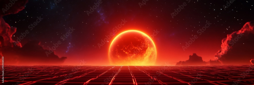 Red Giant Sunset Over Gridded Landscape - A fiery red giant sunset ...