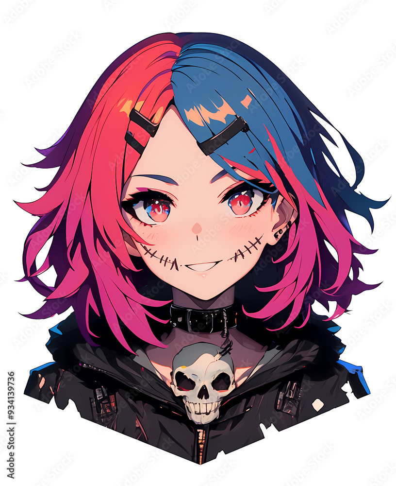 Retrato de un personaje animado con cabello rosa y azul, decorado con ...