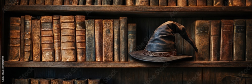 Wizard's Hat Resting on Bookshelf - An old leather wizard's hat sits ...