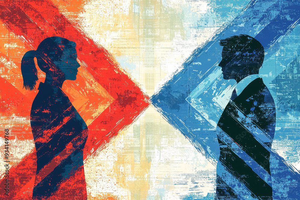Corporate Rivalry Artwork Man and Woman Facing Off. A textured ...