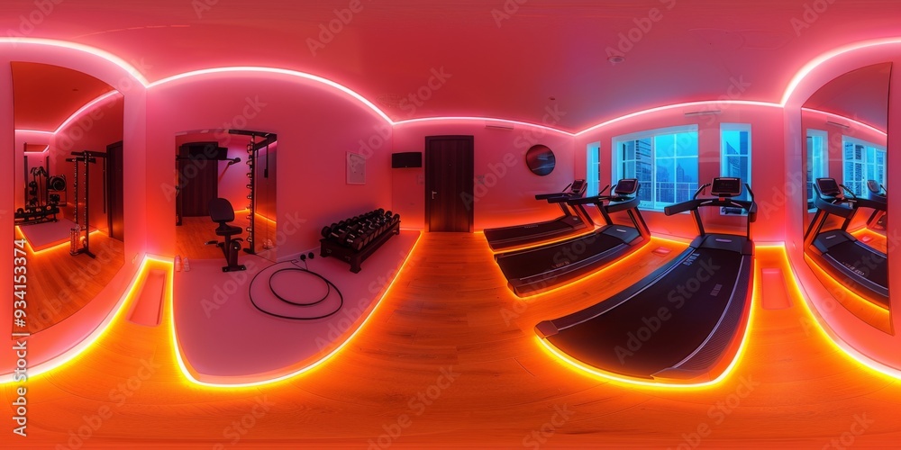 An immersive 360-degree equirectangular panorama of a vibrant home gym ...