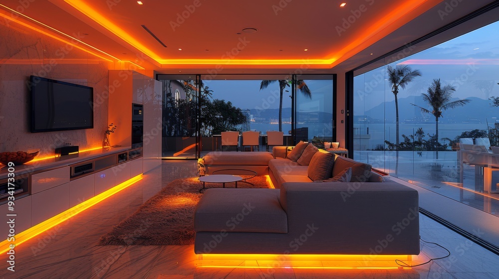 Design a contemporary kitchen with a wall-mounted TV and LED strips ...