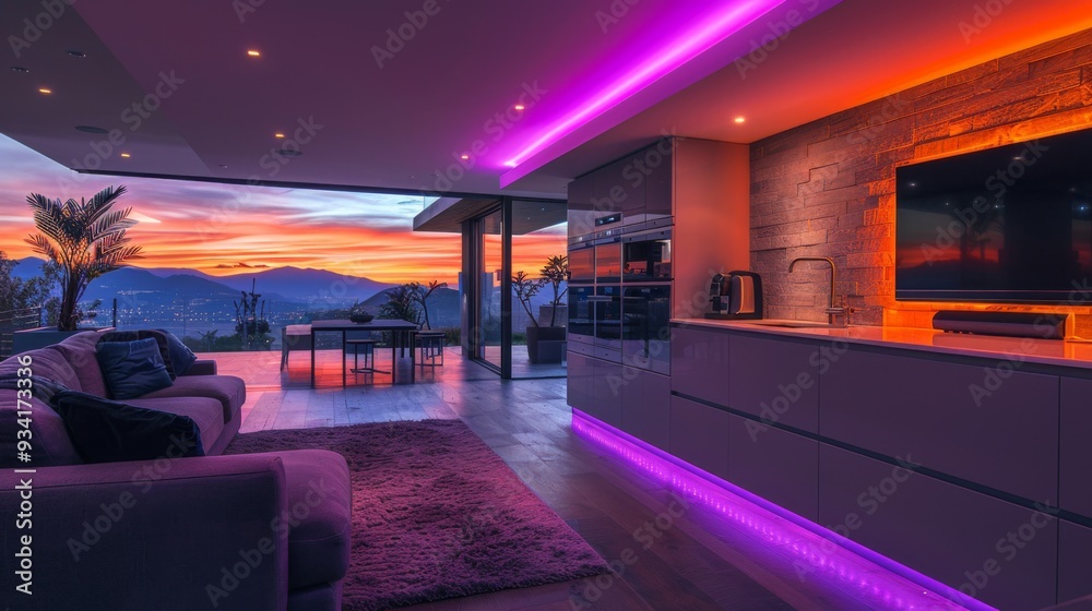 Design a contemporary kitchen with a wall-mounted TV and LED strips ...