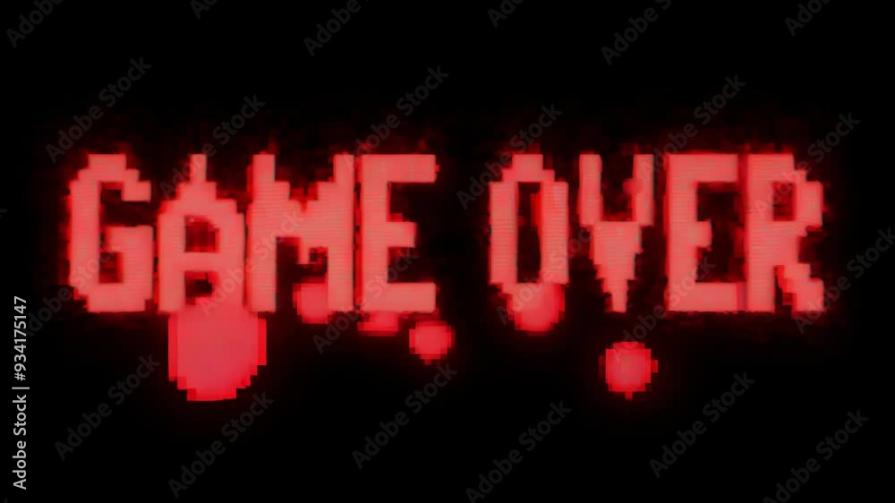Game over pixel sign appears with glitch effect and flashing 8bit ...