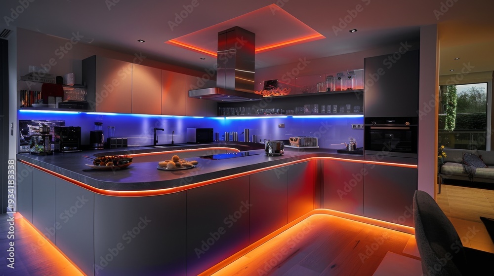 Design a contemporary kitchen with a built-in TV screen and LED strips ...