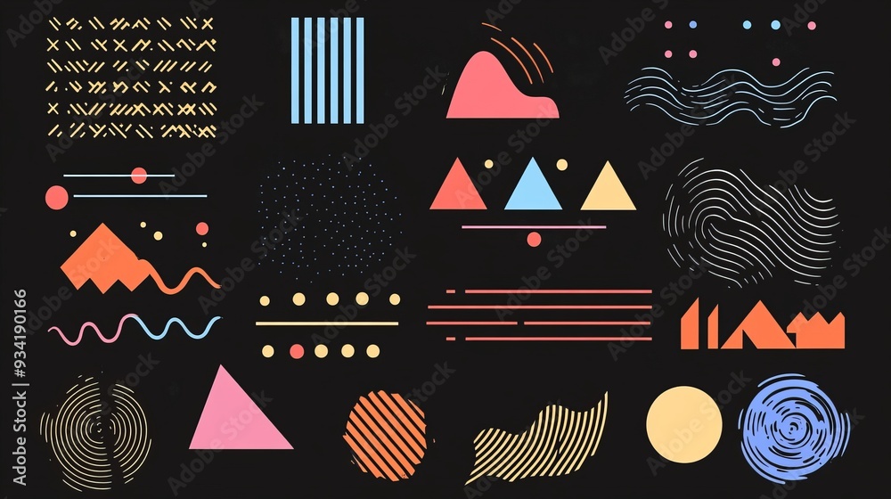 Geometric shapes and design elements in a flat black layout, including ...
