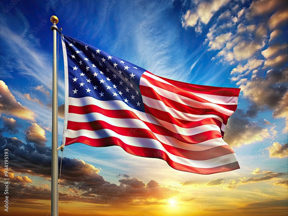 Patriotic symbol of freedom, the striped American flag waves proudly ...