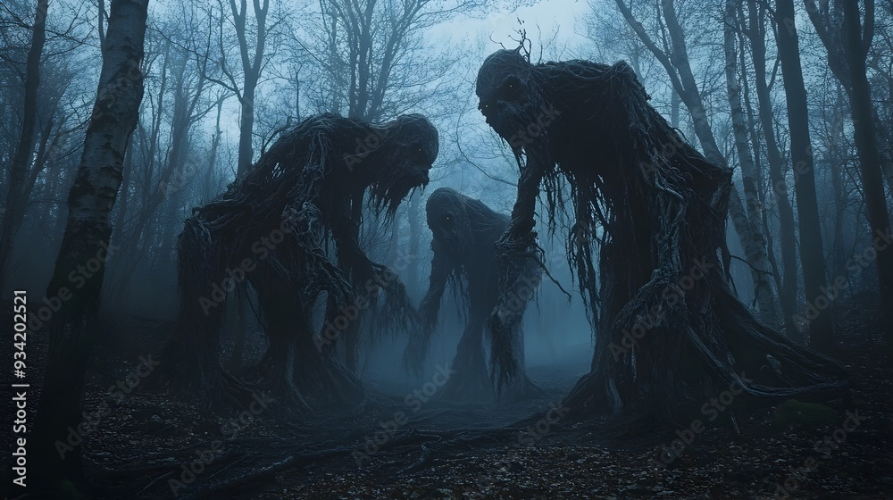 Mysterious Haunted Forest with Enigmatic Tree like Entities Shrouded in ...