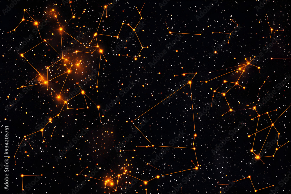Neon constellation map of the night sky isotated on black background ...