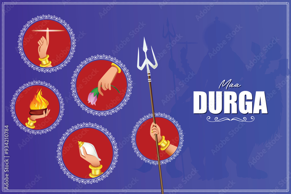 Goddess Durga hands in Happy Durga Puja Subh Navratri banner background ...