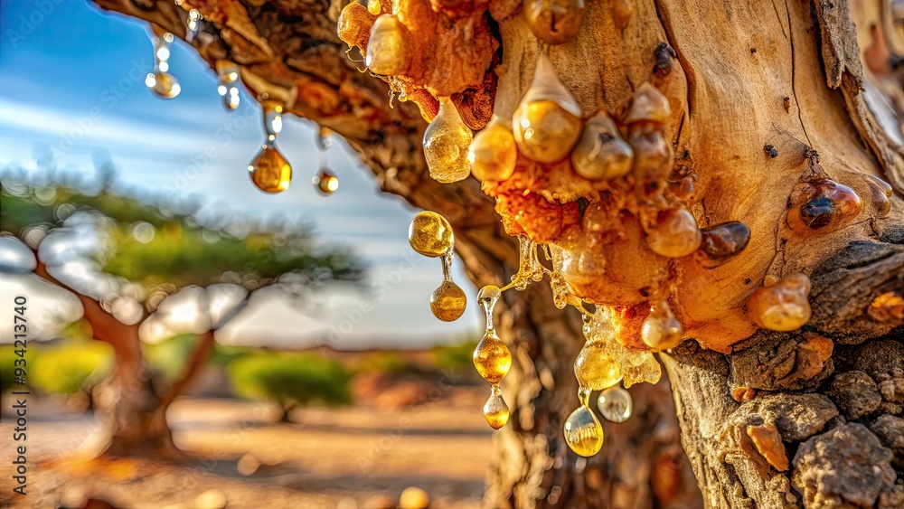 Resin droplets ooze from a slit in the bark of a Boswellia tree ...