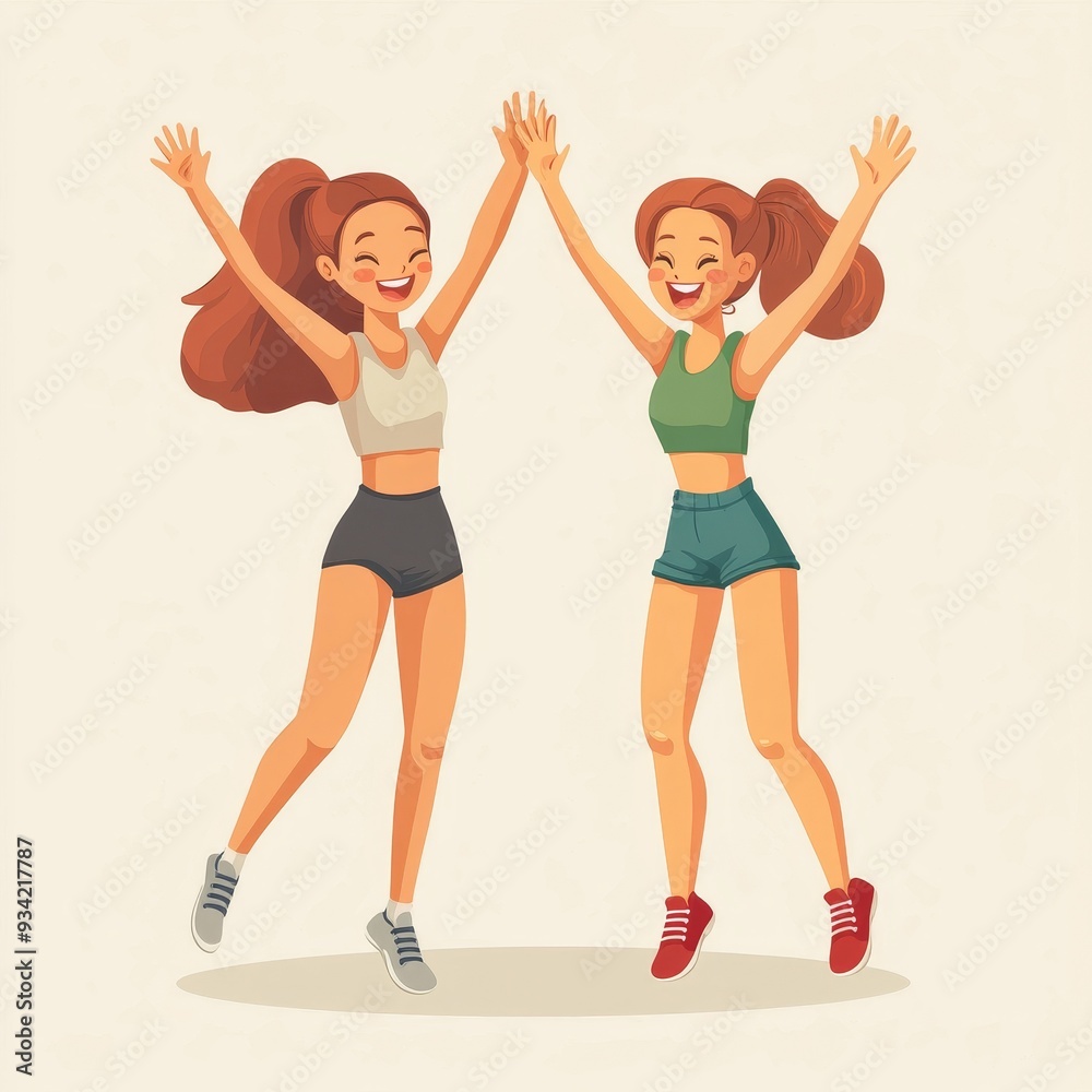 Two Young Women Jumping Up In High Five Gesture With Slapping Each ...