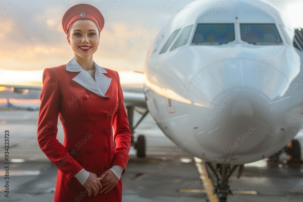 A flight attendant in a red uniform poses next to an airplane on the ...