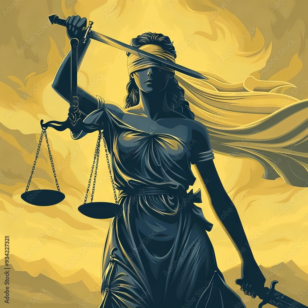 Surreal depiction of Lady Justice holding scales and a sword Stock ...