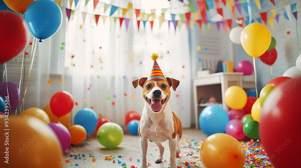 perro con gorro de cumpleaños en su festejo en su fiesta con globos y ...