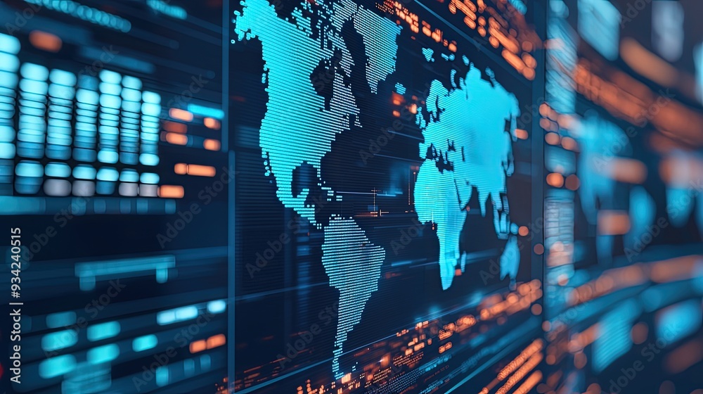 Global remote work environment with diverse digital screens displaying ...