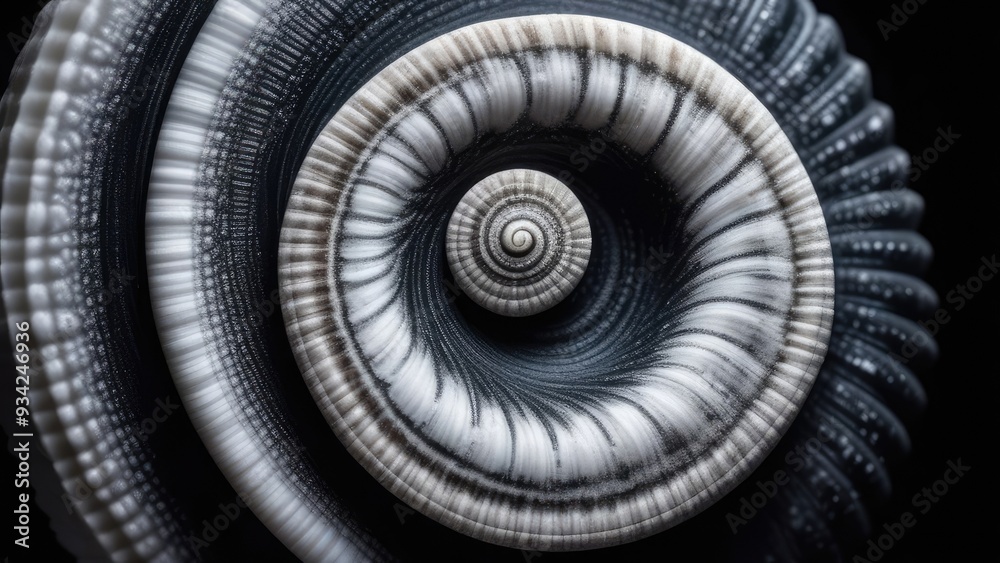 Shell with spiral pattern on black background. Chambered nautilus ...