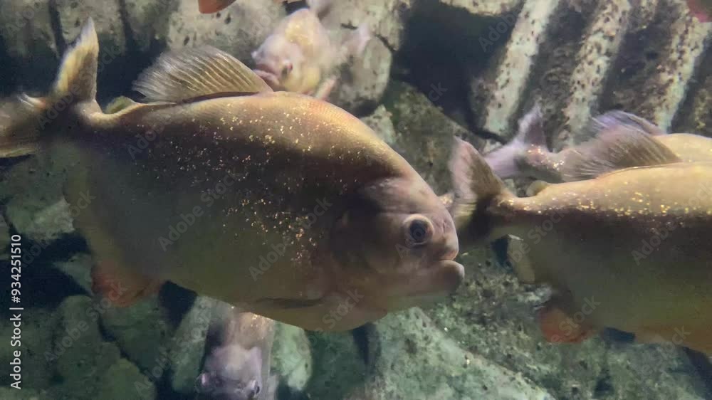 Red-bellied piranha. A swarm of piranha fish. Relatively dangerous ...