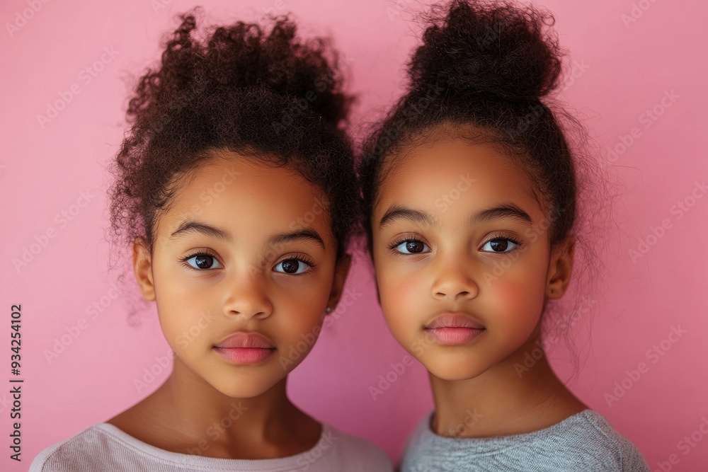 young African American identical female siblings in standing against ...