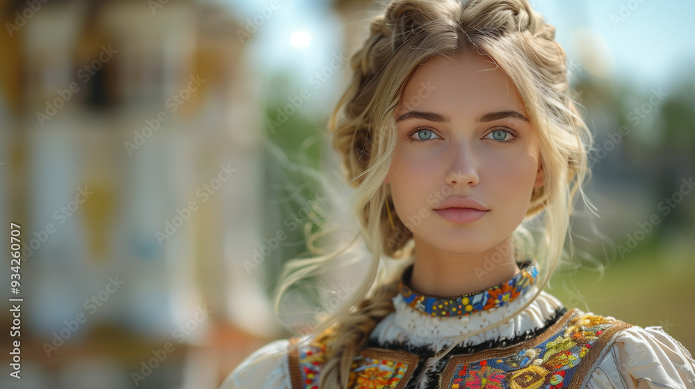 Portrait of Smiling Pretty Russian Girl Wearing Traditional Embroidered ...