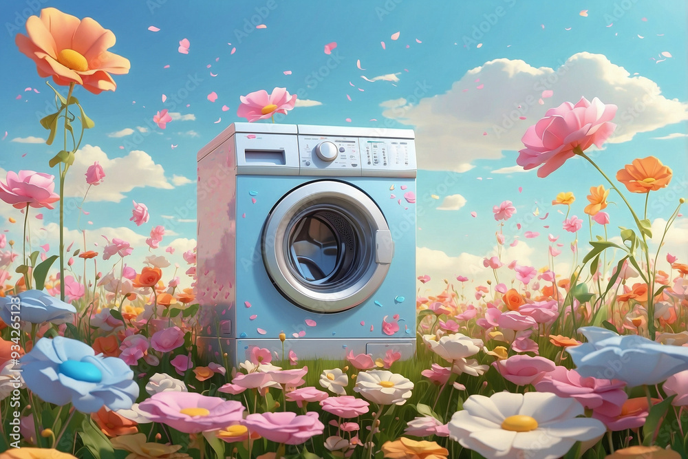 Cartoon Washing Machine in a Flower Field: Cleaning and Laundry ...