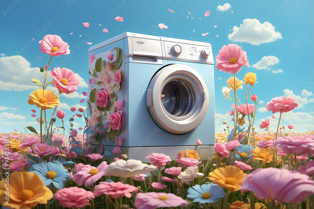 Cartoon Washing Machine in a Flower Field: Cleaning and Laundry ...
