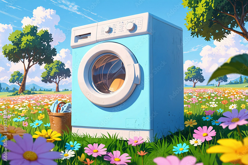 Cartoon Washing Machine in a Flower Field: Cleaning and Laundry ...