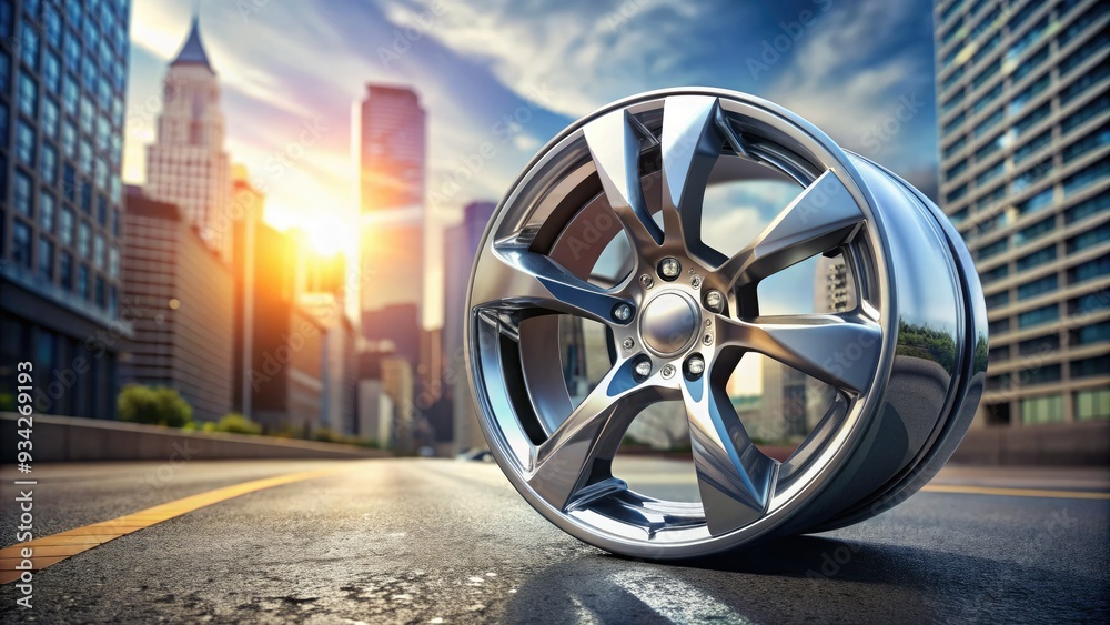 Shiny silver 7-spoke alloy wheel with high-gloss finish, shod with low ...