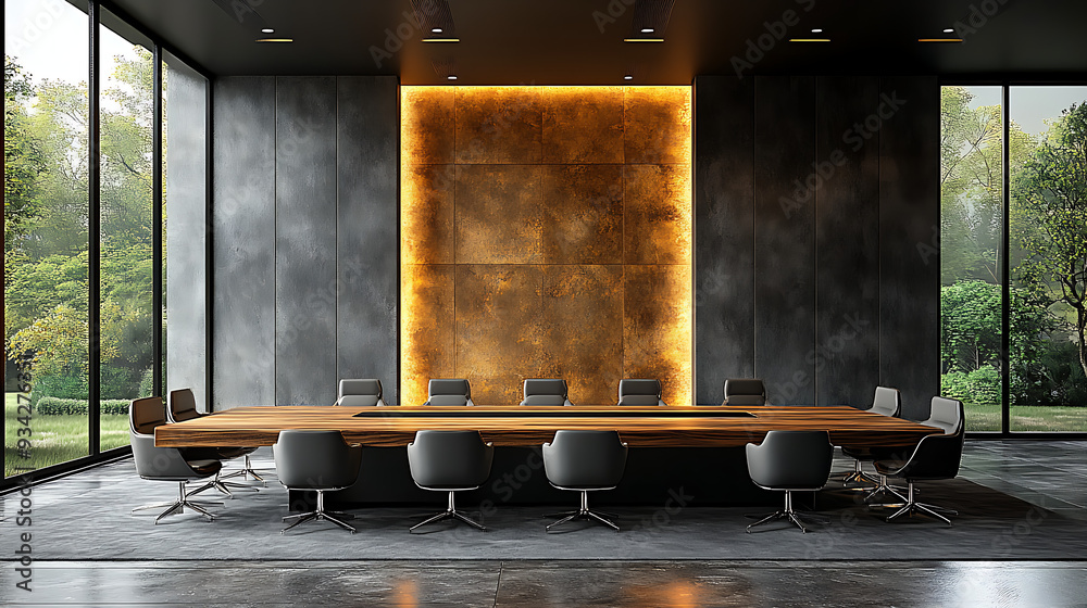 A modern conference room with a long wooden table, surrounded by chairs ...