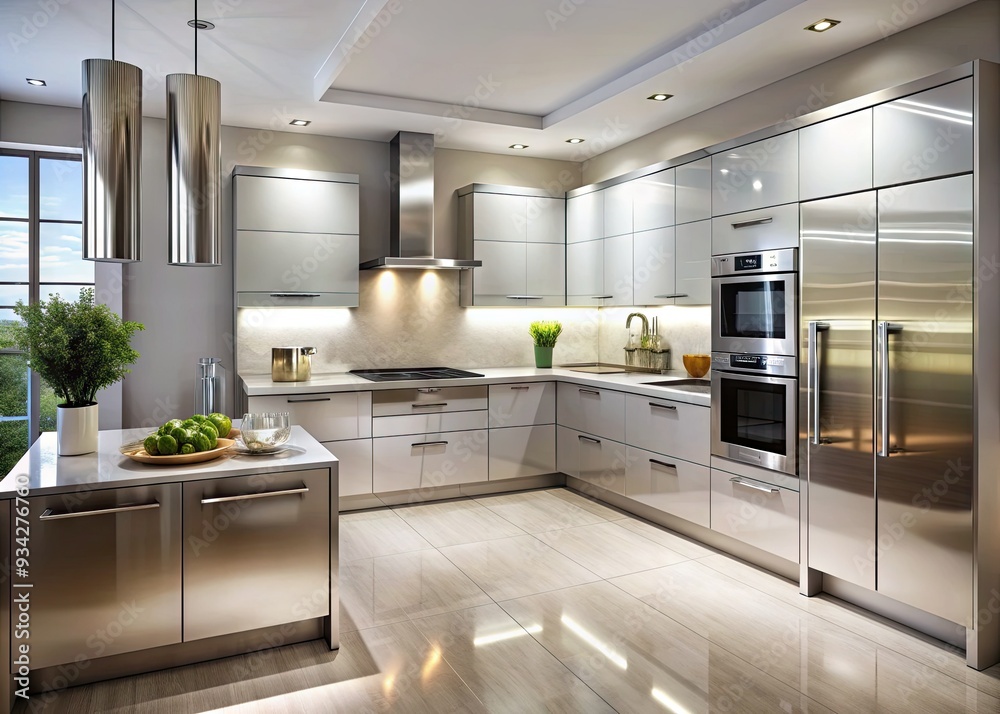 Sleek modern kitchen features bespoke stainless steel cabinets with a ...