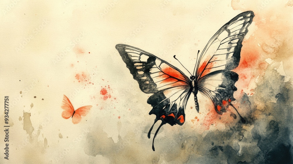 Watercolor and ink depiction of a soaring butterfly featuring sumi e ...