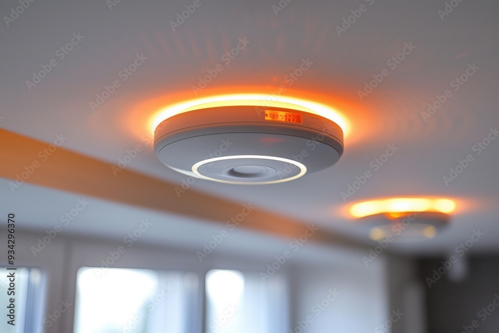 Modern smart home automatic fire alarm extinguishing systems on a white ...