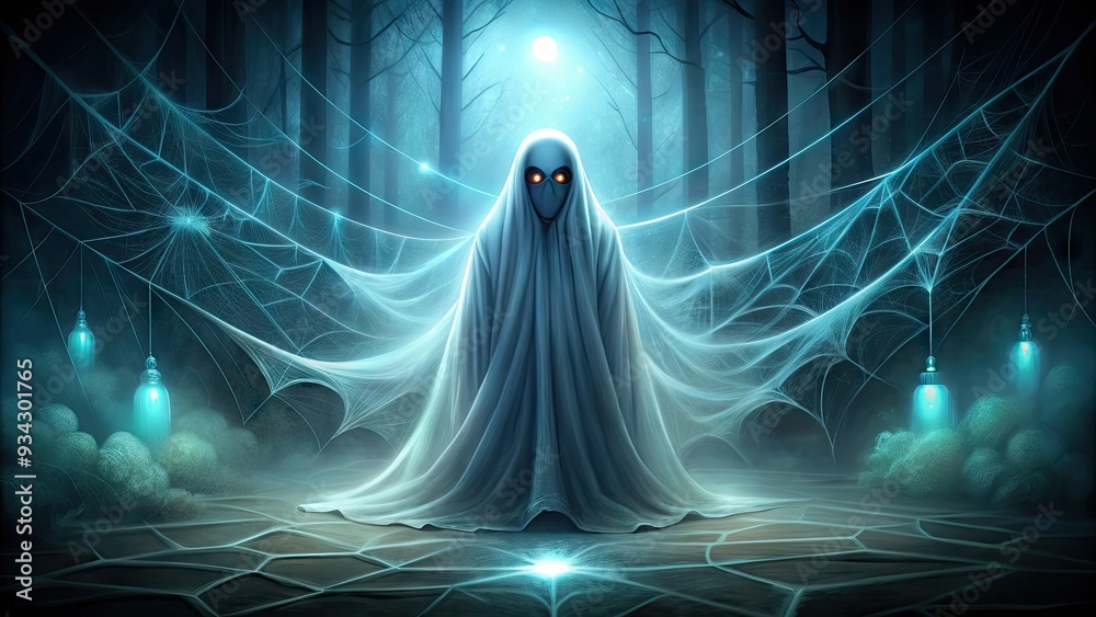 Spooky transparent ghost with glowing eyes and eerie aura lurking in ...