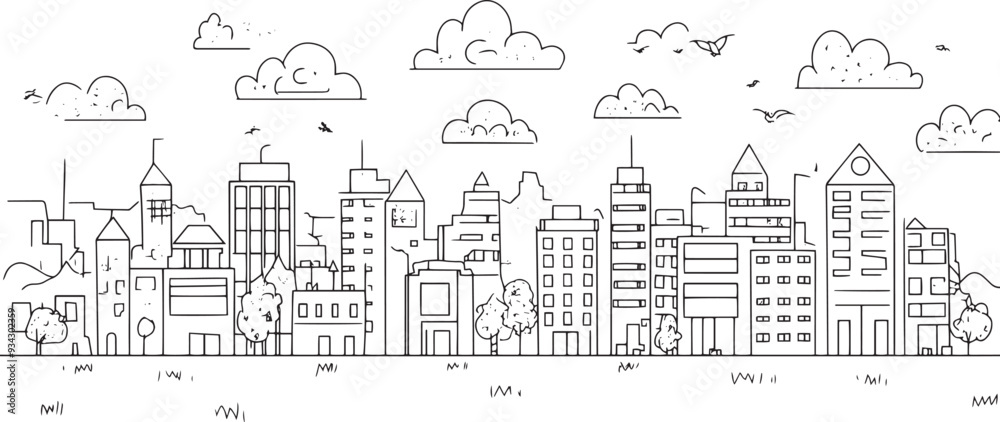City landscape. Line urban backdrop. Skyline with clouds, different ...