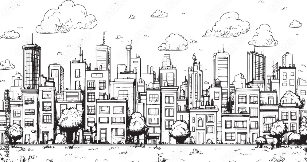 City landscape. Line urban backdrop. Skyline with clouds, different ...