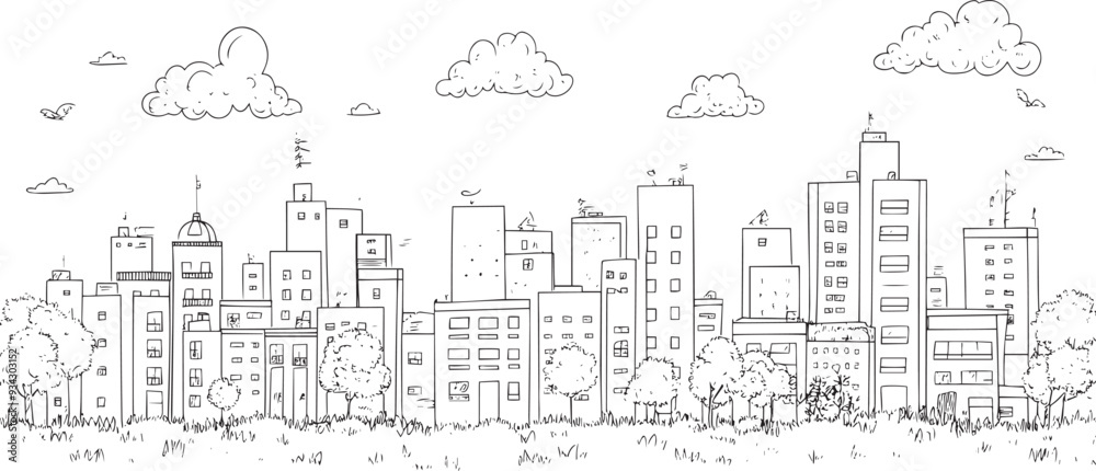 Vecteur Stock City landscape. Line urban backdrop. Skyline with clouds ...