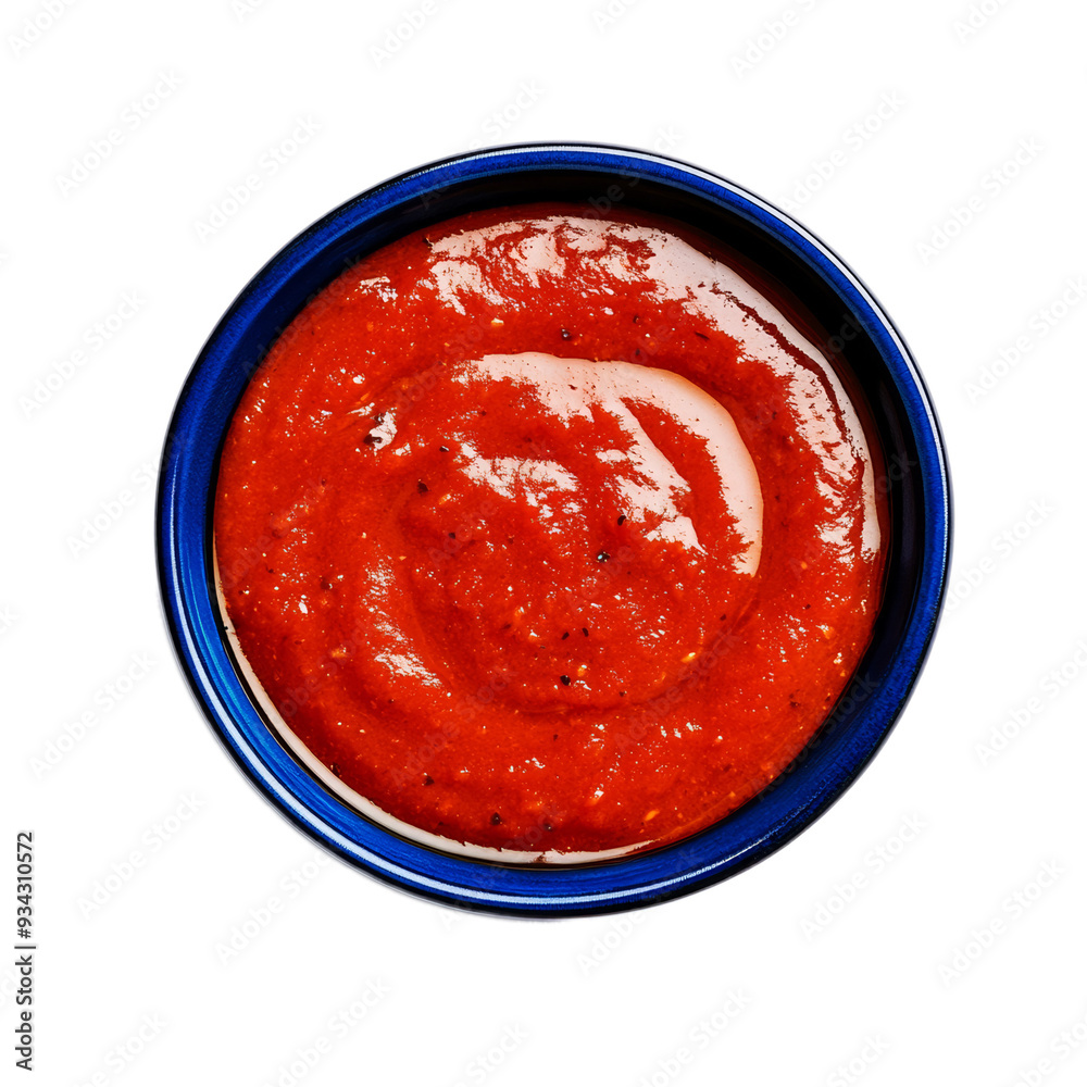 Hearty marinara sauce in a deep blue bowl top view isolated on ...