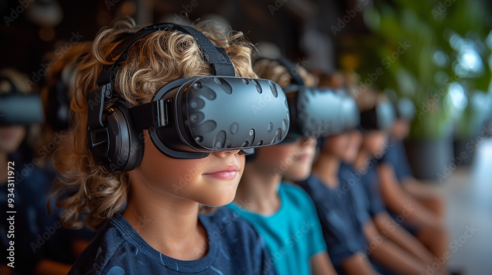 Children participating in a virtual reality experience that takes them ...